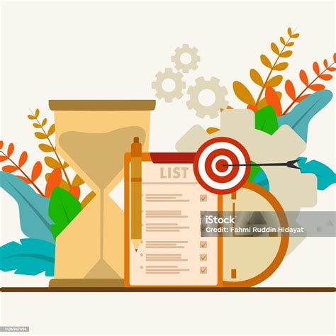 마감일 개념 작업 또는 프로젝트 시간 작업 압력 마감일 표시기로 체크리스트 아이콘 및 시계가있는 마감 시간 일러스트레이션 회사 플랫 벡터 템플릿 및 배경 0명에 대한 스톡