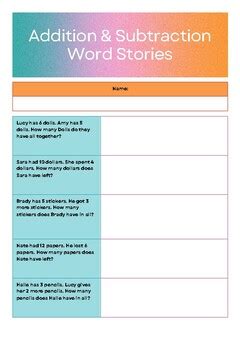 Addition And Subtraction Word Problems Within TPT