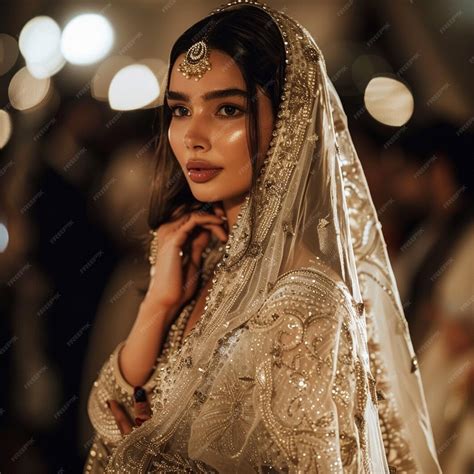 A Woman In A White Sari With A Gold Tassle On Her Head Premium Ai