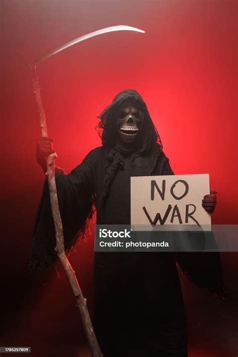 The Grim Reaper Holds A Poster With The Inscription No War The Scary