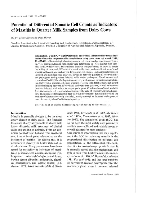 Pdf Potential Of Differential Somatic Cell Counts As Indicators Of Mastitis In Quarter Milk