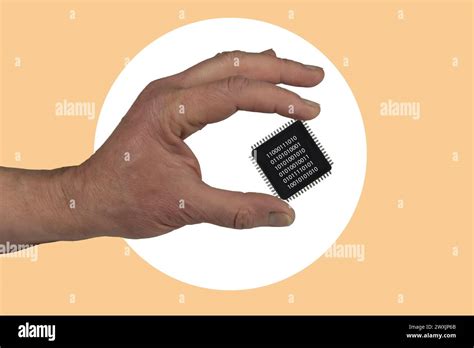 The Hand Holds The Microprocessor With Digital Code Art Collage Stock Photo Alamy