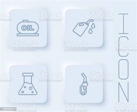 세트 라인 오일 탱크 저장 모터 기계 오일용 캐니스터 가솔린 시험관 및 가솔린 펌프 노즐 흰색 사각형 버튼입니다 벡터 0명에 대한 스톡 벡터 아트 및 기타 이미지 Istock