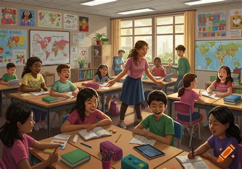 An Illustration Of A Diverse Elementary Classroom With A Teacher And