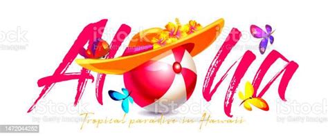 알로하 하와이 열대 휴가 개념 흰색 배경에 히비스커스 꽃과 나비가 있는 모자에 비치볼이 있는 하와이어로 된 환영 텍스트 여름에 대한 스톡 벡터 아트 및 기타 이미지 Istock