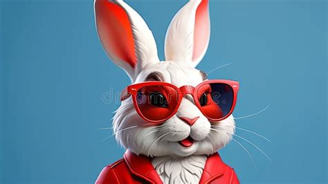 Rabbit Transparent Sunglasses Plain Blue Background AI Generated Stock Illustration
