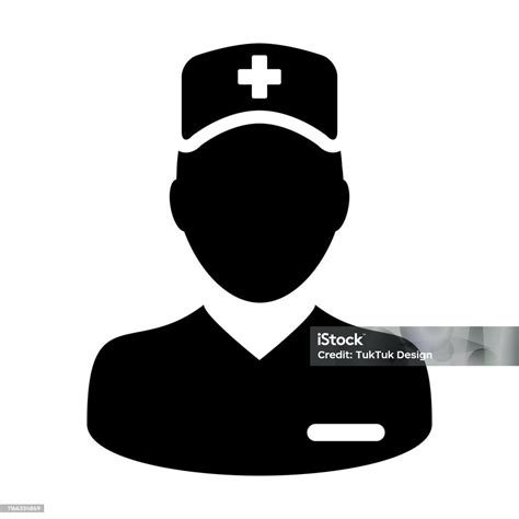 글리프 픽토그램에서 의학 상담을 위한 청진기를 가진 간호 아이콘 벡터 남성 프로필 아바타 간호조무사에 대한 스톡 벡터 아트 및