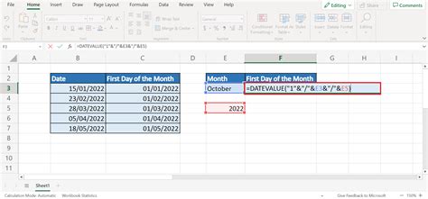 how to get the first day of the month in excel sheetaki