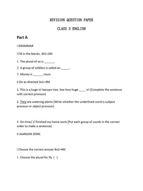 Revision Question Paper English Class 3 Pdf Pronoun Syntax