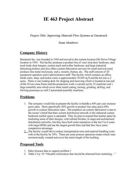 Project Abstract N A Ie 463 Project Abstract Project Title Improving Material Flow Systems