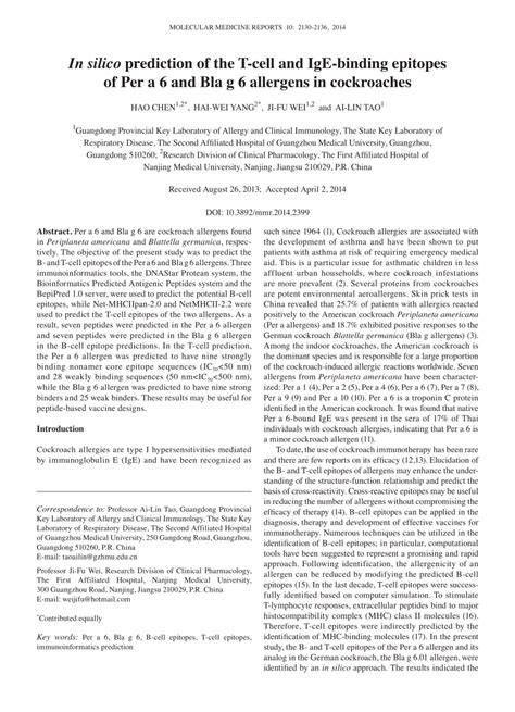 Pdf In Silico Prediction Of The T Cell And Ige Binding Epitopes Of Per A 6 And Bla G 6