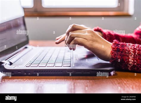 Side View Of Female Hands Typing On Laptop Keyboard Near The Window Stock Photo Alamy