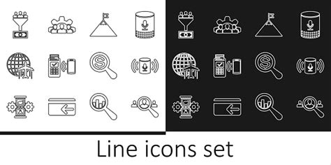 검색 인원 음성 비서 산및 깃발 Pos 터미널 비행 비행기 리드 관리 달러 및 프로젝트 팀 기본 아이콘을위한 세트 라인 돋보기