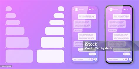 화려한 보라색 배경에 메시징 앱이 있는 현실적인 스마트폰 빈 Sms 텍스트 프레임입니다 투명한 메시지 거품이 있는 채팅 화면 소셜 미디어 응용 프로그램 벡터 그림 Brand
