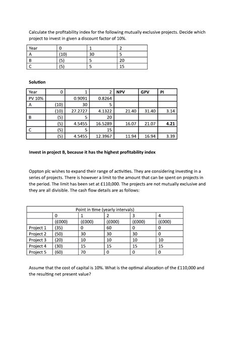 Week 9 Tutorial Answers PI Calculate The Profitability Index For The Following Mutually