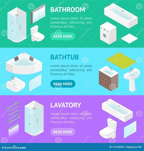 Furniture Bathroom Interior Banner Horizontal Set Isometric View Vector Stock Vector