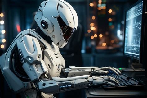 Premium Ai Image Humanoid Robot Working On Computer In Dark Room With Lightsgenerative Ai