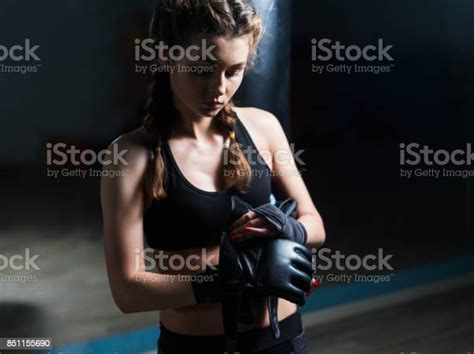 Young Fighter Boxer Girl Wearing Boxing Gloves Before Training Stock
