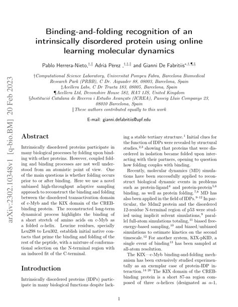 Pdf Binding And Folding Recognition Of An Intrinsically Disordered Protein Using Online