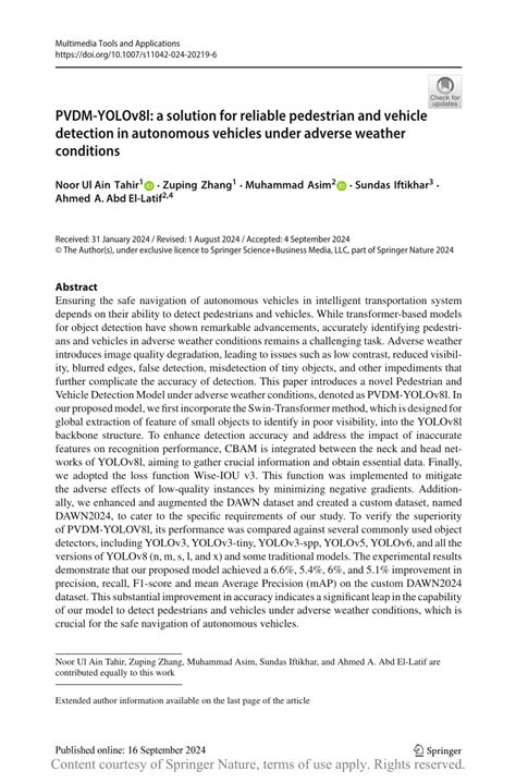 Pvdm Yolov8l A Solution For Reliable Pedestrian And Vehicle Detection In Autonomous Vehicles