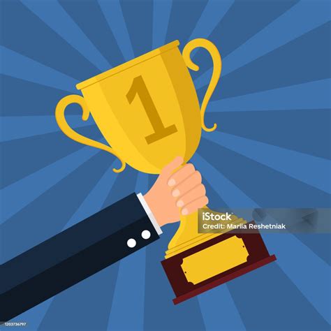 손에 트로피 컵을 들고 있습니다 수상자의 손에 황금 상 상 성공 기호입니다 플랫 스타일의 경쟁에 대한 보상 스포츠 1위를 위한