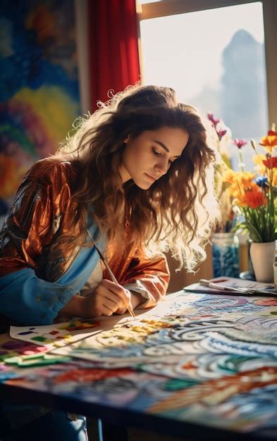 Female Artist Immersed In Vibrant Artwork Premium Ai Generated Image