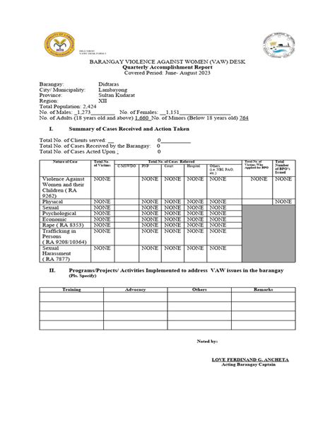Vawc Quarterly Report Form No 5 Pdf Violence Against Women