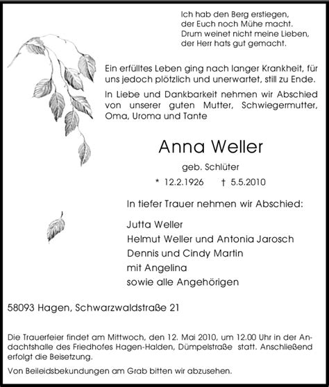 Traueranzeigen Von Anna Weller Trauer In Nrw De