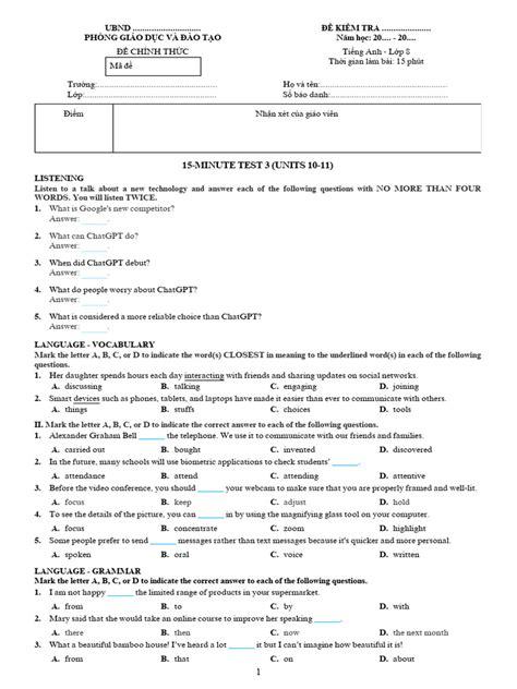 15 Minute Test 3 Units 10 11 Pdf Human Communication Communication
