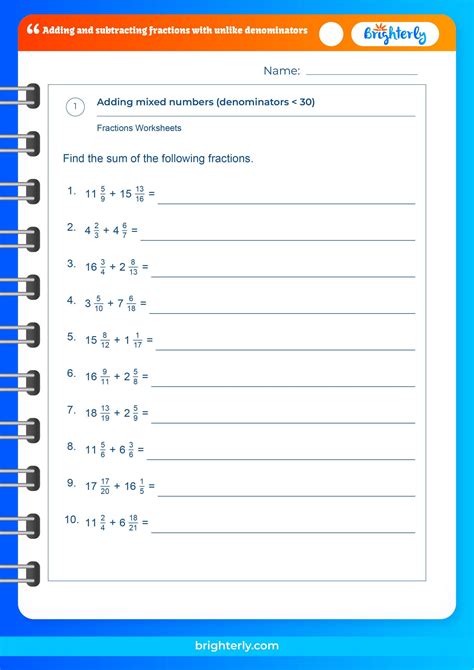 Adding And Subtracting Fractions With Unlike Denominators Worksheets