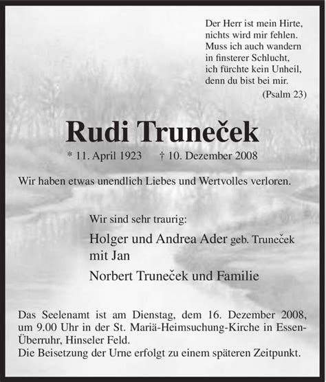 Traueranzeigen Von Rudi Trunecek Trauer In Nrw De