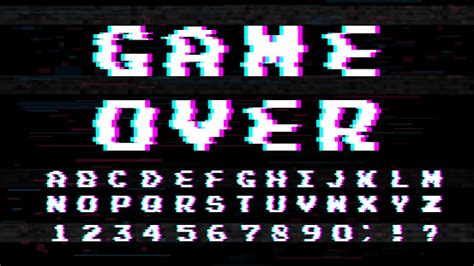 글리치 효과 글꼴 디스플레이 화면 실패 서체 미래 지향적인 사이버 유형 디스플레이 화면 실패 서체 벡터 타이포그래피 사이버 펑크 및 우주 게임용 왜곡된 문자 및 숫자 글꼴