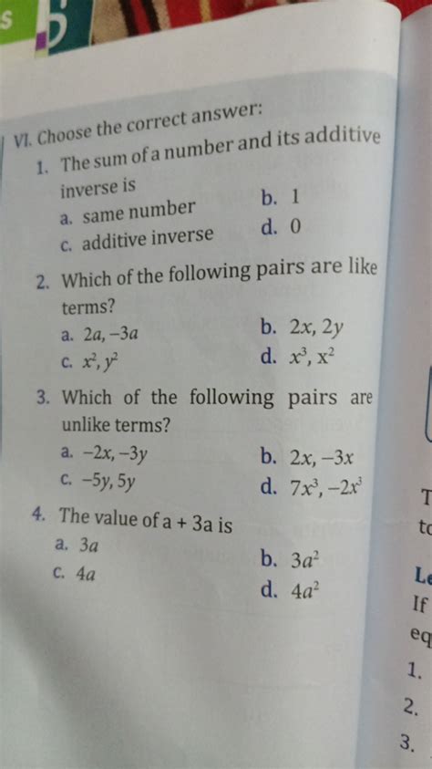 vl choose the correct answer 1 the sum of a number and its additive in
