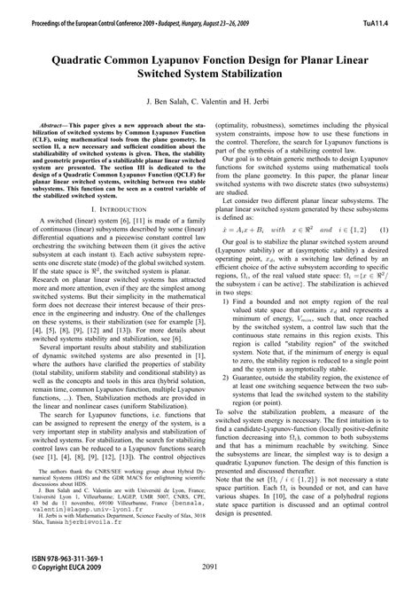 Pdf Quadratic Common Lyapunov Fonction Design For Planar Linear