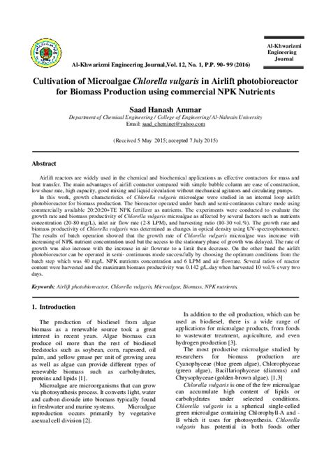 Pdf Cultivation Of Microalgae Chlorella Vulgaris In Airlift Photobioreactor For Biomass