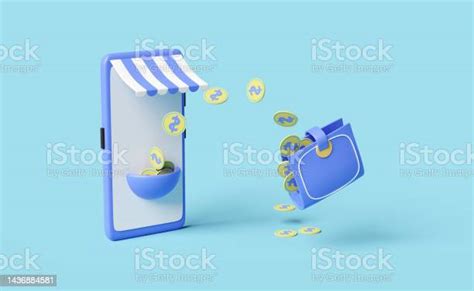 지갑과 휴대 전화 또는 스마트폰 파란색 배경 3d 그림 또는 3d 렌더링에 격리된 동전 절약 돈 개념 0명에 대한 스톡 사진 및