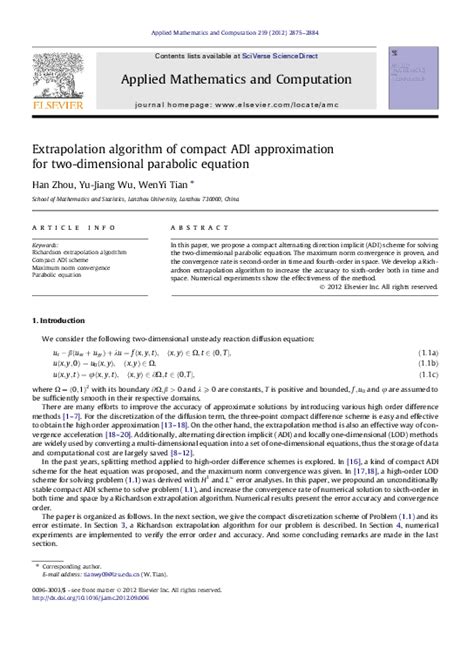 Pdf Extrapolation Algorithm Of Compact Adi Approximation For Two Dimensional Parabolic Equation