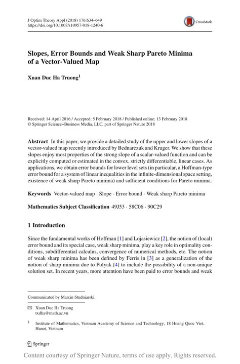 Slopes Error Bounds And Weak Sharp Pareto Minima Of A Vector Valued