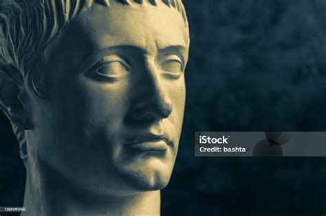어두운 질감의 배경에 예술가게르만줄리어스 시저 머리의 고대 동상의 청동 색 석고 사본 르네상스 시대 사람의 얼굴의 석고 조각 아트 디자인 템플릿 로마 양식에 대한 스톡 사진
