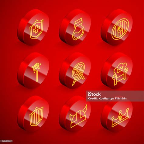 세트 라인 방패 병 속의 독 둥근 나무 방패 마법 지팡이 화살이 있는 표적 중세 왕좌 바이킹 뿔 달린 헬멧 아이콘 벡터 3차원 형태에 대한 스톡 벡터 아트 및 기타 이미지