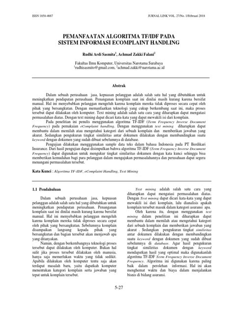 Pemanfaatan Algoritma Tfidf Pada Sistem Informasi Ecomplaint Handling Pdf