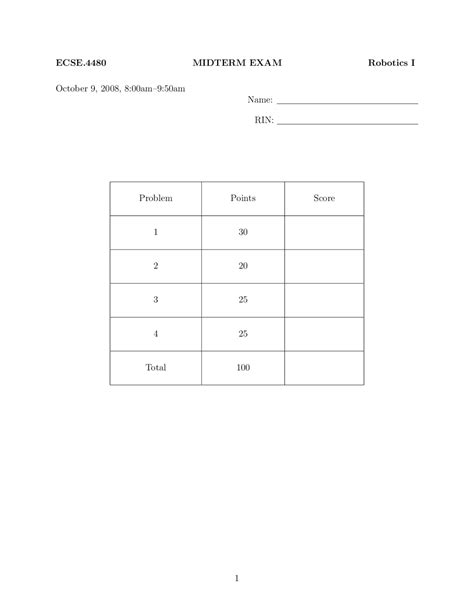 Midterm Exam 1 For Robotics I Ecse 4480 Docsity