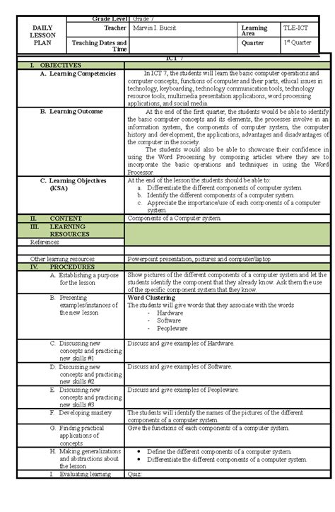Dll Ict Ict Daily Lesson Plan Grade Level Grade 7 Teacher Marvin I