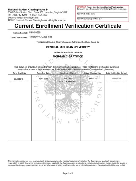 Current Enrollment Verification Certificate Central Michigan University Pdf