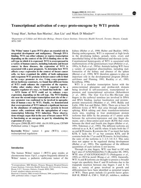 Pdf Transcriptional Activation Of C Myc Proto Oncogene By Wt1 Protein