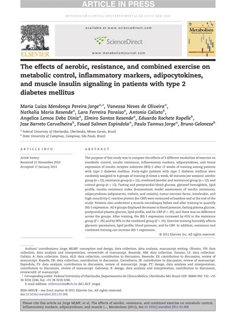 Pdf The Effects Of Aerobic Resistance And Combined Exercise On Metabolic Control