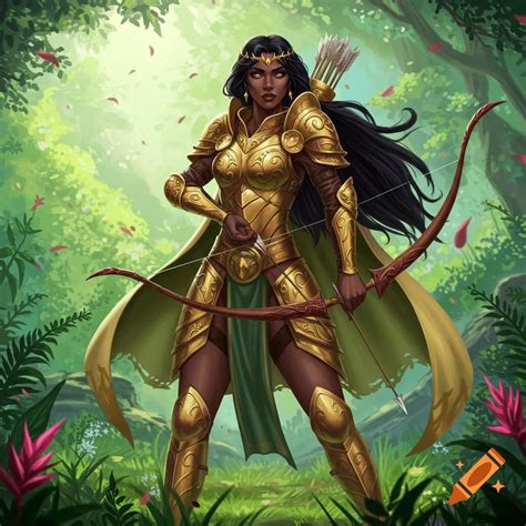 Fantasy Illustration Of A Dark Skinned Female Warrior In Golden Armor