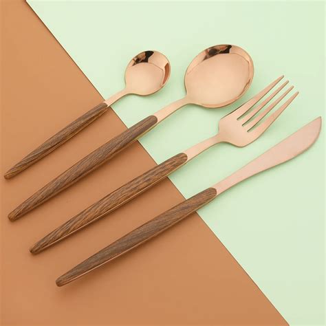 나무 손잡이 칼 세트 브라운 로즈 스테인레스 스틸 식기 나이프 포크 커피 차 스푼 식탁 세트 주방용품 4 피스