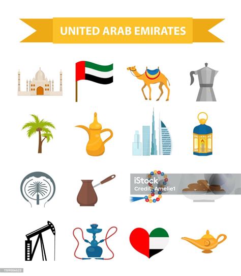 아랍 에미리트 연방 플랫 아이콘 세트 만화 스타일입니다 항해 호텔 건물 모스크 플래그 오일 아랍어 디자인 요소의 컬렉션입니다 벡터 일러스트레이션 두바이에 대한 스톡 벡터