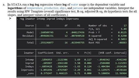 Solved In Stata Run A Log Log Regression Where Log Of Water